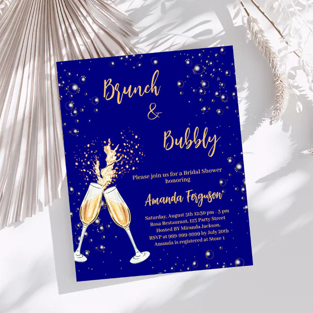 Brunch Bubbly Bridal Shower navy blue invitation | Zazzle