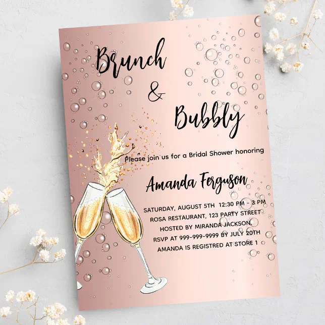Brunch Bubbly Bridal Shower rose bubbles luxury Invitation | Zazzle