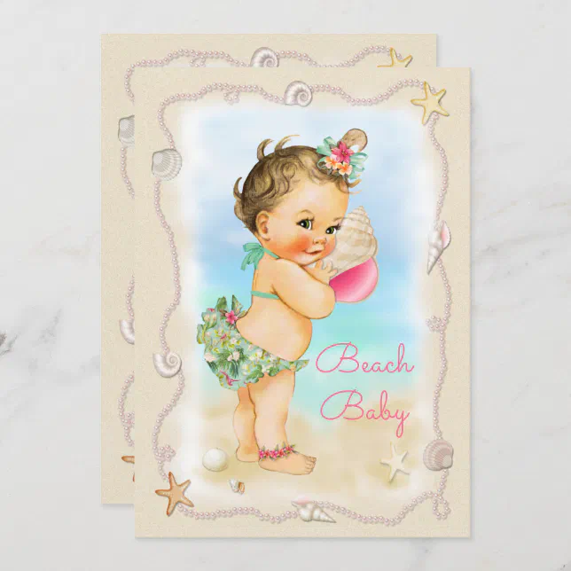 Brunette Beach Baby Conch Shell Baby Shower Invitation | Zazzle