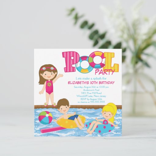 Brunette Girl Birthday Pool Party Invitation | Zazzle