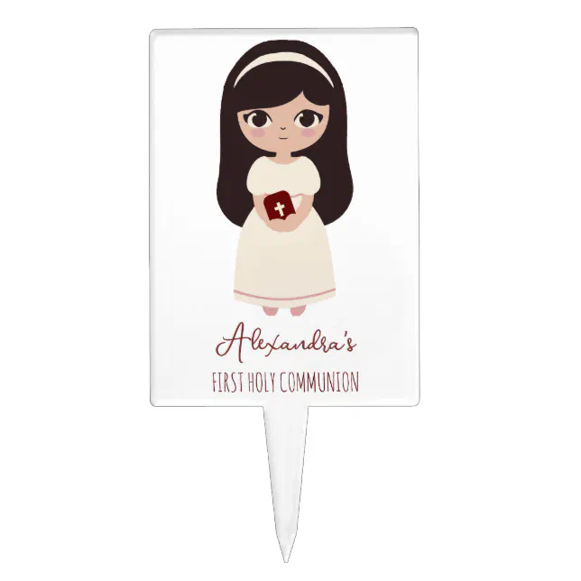 Brunette Girl First Communion White Dress & Bible Cake Topper | Zazzle