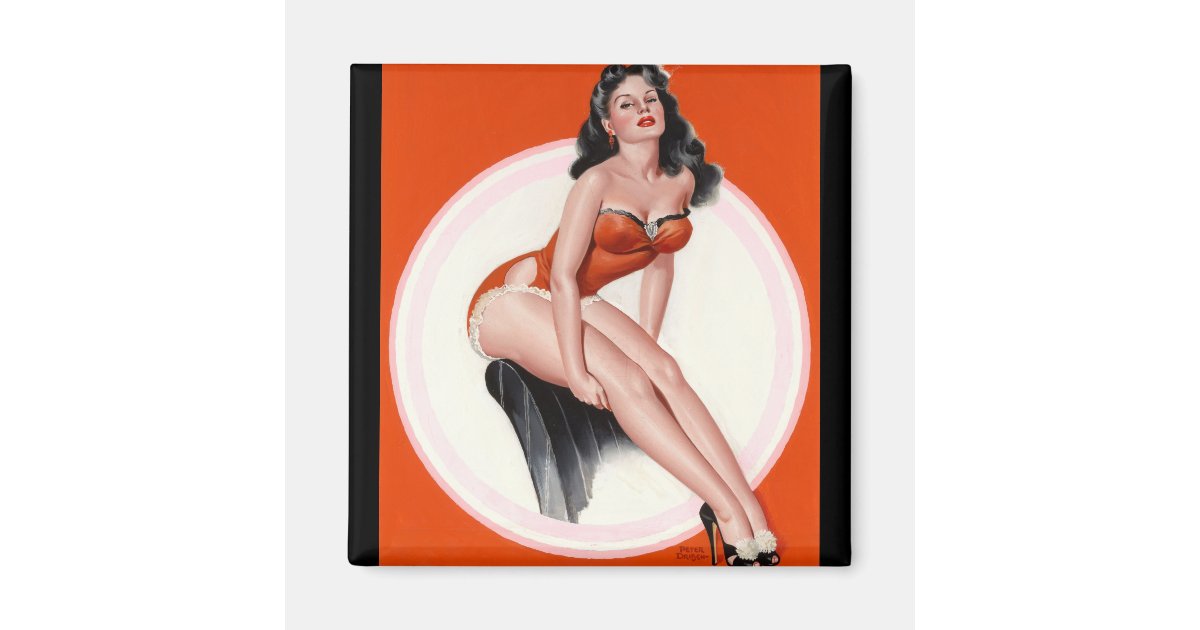 Brunette In Red Bathing Suit Pin Up Art Magnet Zazzle