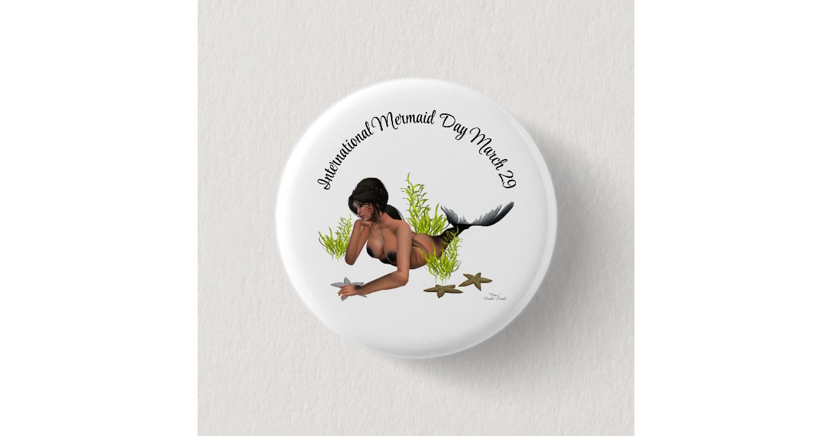 Brunette Mermaid With Starfish Pin Button | Zazzle