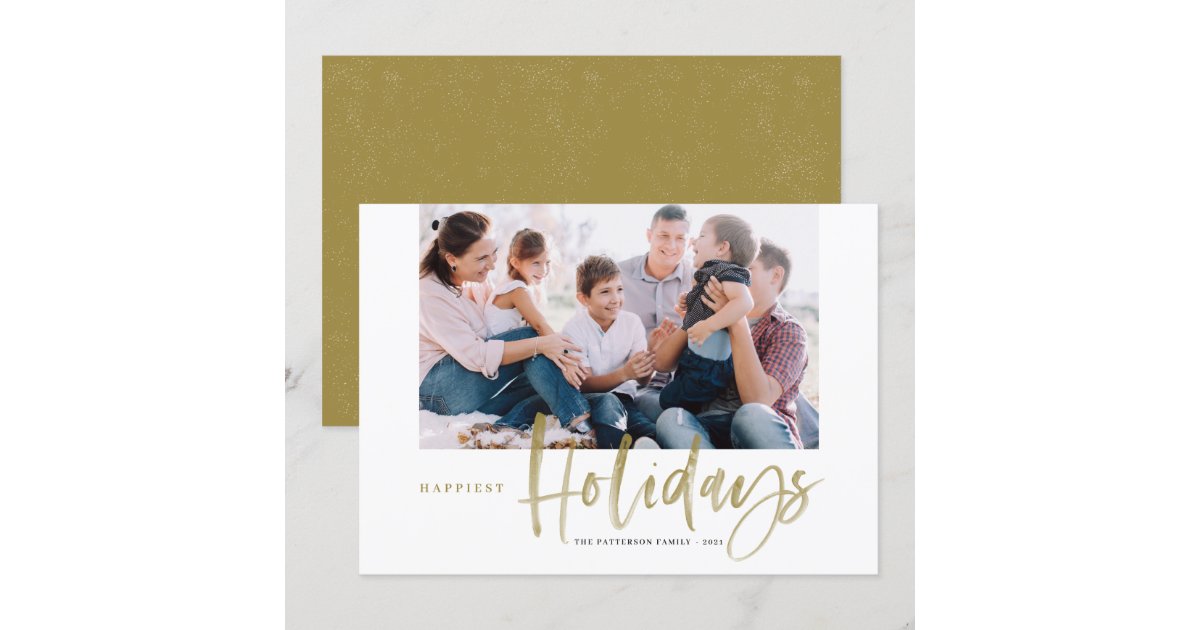 Brush Calligraphy Gold Happiest Holidays Photo Holiday Card | Zazzle