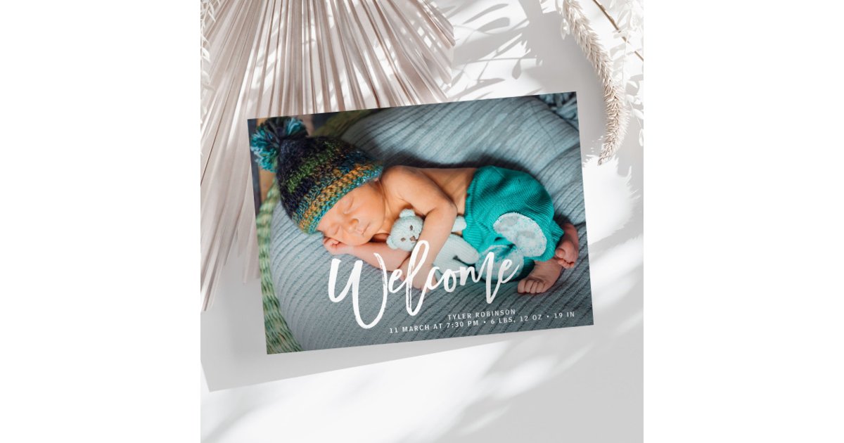Brush lettering cute baby birth announcement postcard | Zazzle