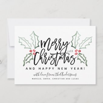 Brush Script Christmas Hollies Holiday Card | Zazzle
