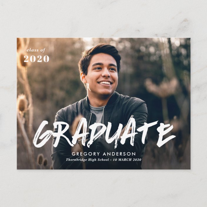 Brush script graduation photo announcement postcard | Zazzle.com
