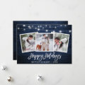 Brush Script Lights Rustic Blue Wood 3 Photo Holiday Card | Zazzle