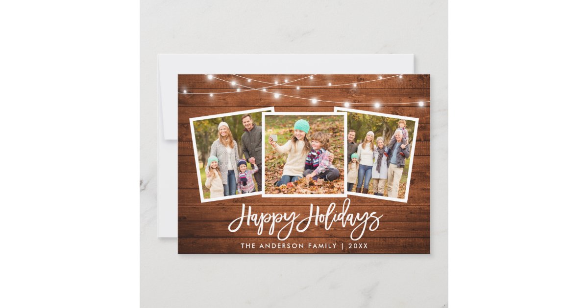 Brush Script Lights Rustic Wood 3 Photo Holiday Card | Zazzle