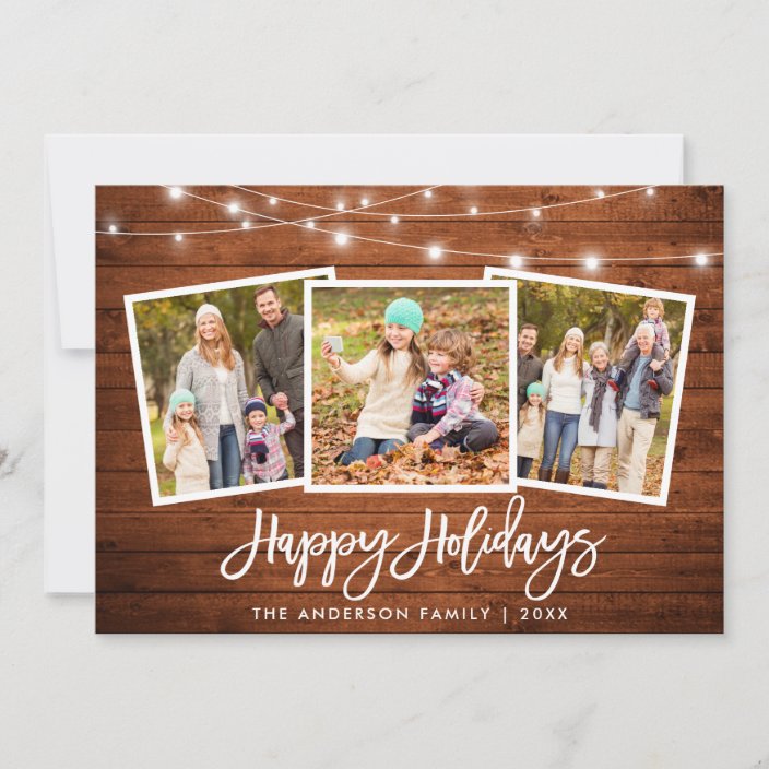 Brush Script Lights Rustic Wood 3 Photo Holiday Card | Zazzle.com