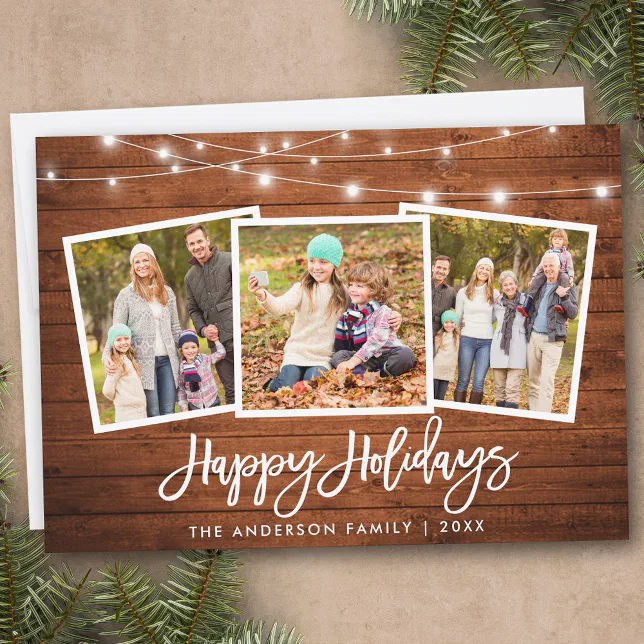 Brush Script Lights Rustic Wood 3 Photo Holiday Card | Zazzle