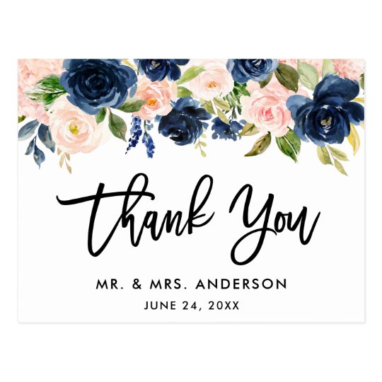 Brush Script Pink Blue Floral Wedding Thank You Postcard