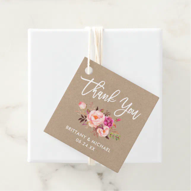 Brush Script Pink Floral Wedding Kraft Thank You Favor Tags Zazzle