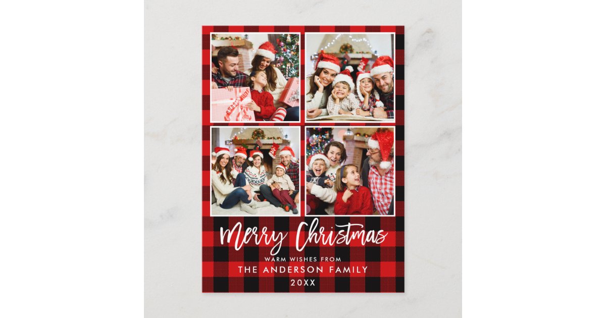 Brush Script Red Plaid Family 4 Photo Christmas Postcard | Zazzle