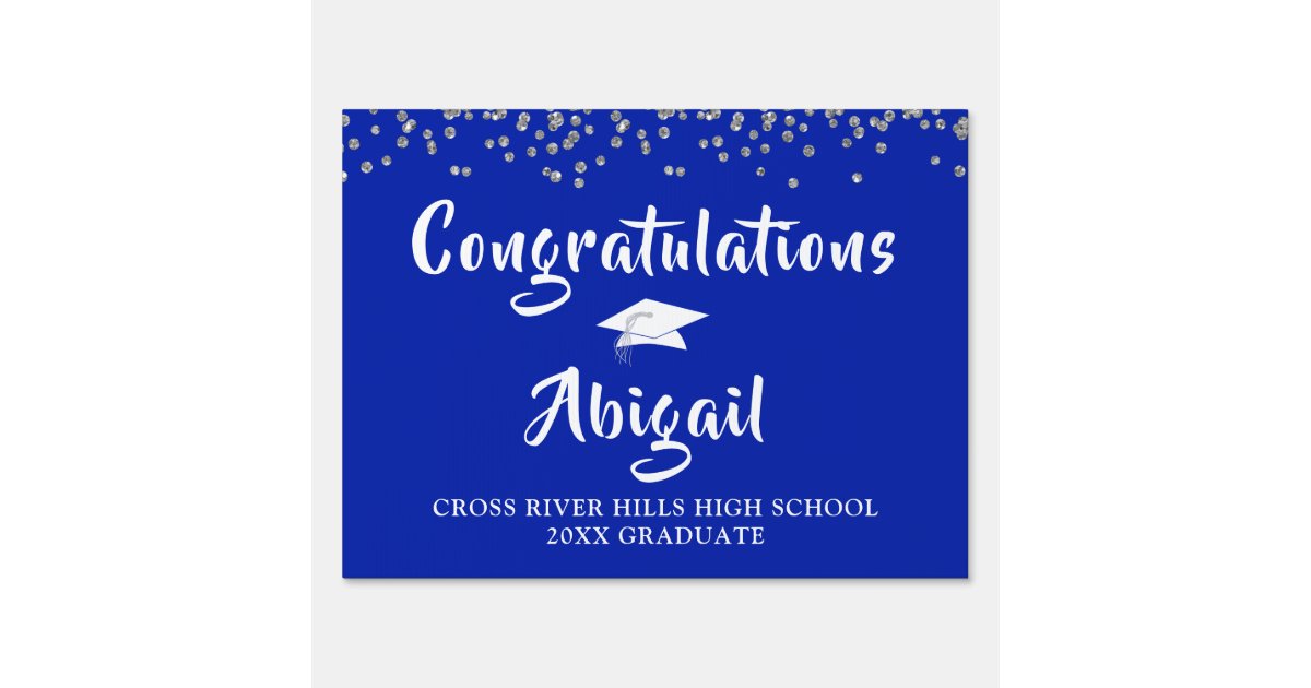 Brush Script Royal Blue Silver Confetti Graduation Sign | Zazzle.com