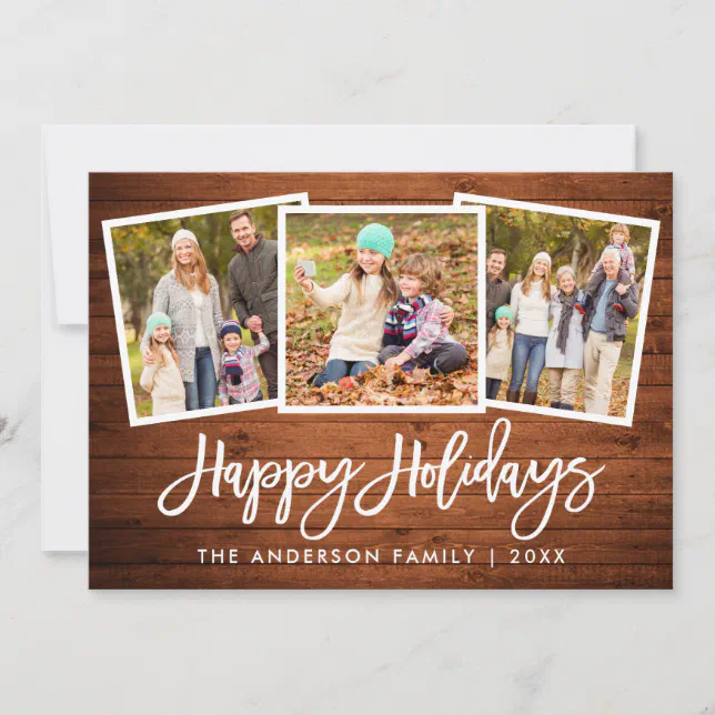 Brush Script Rustic Wood 3 Photo Family Holiday Card | Zazzle