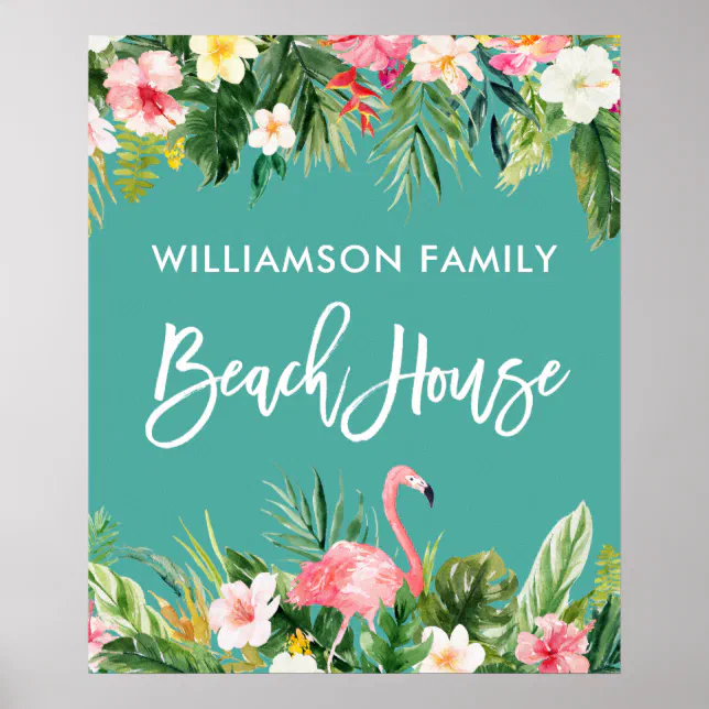 Brush Script Tropical Floral Beach House Poster | Zazzle