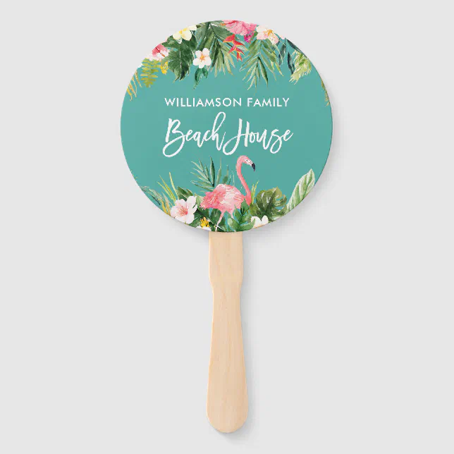 Brush Script Tropical Floral Family Beach House Hand Fan | Zazzle