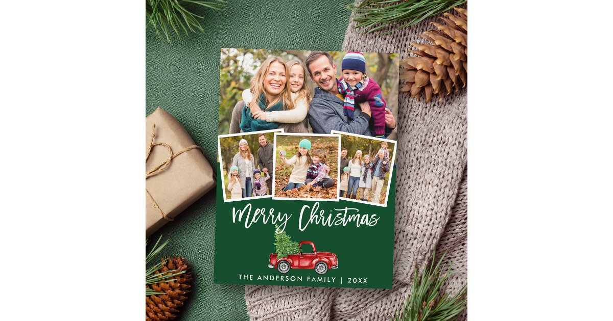 Brush Script Vintage Truck Christmas 4 Photo Green Postcard | Zazzle