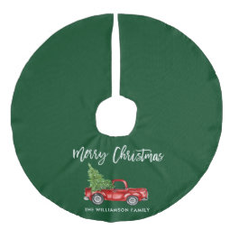 Brush Script Vintage Truck Christmas Green Faux Linen Tree Skirt | Zazzle