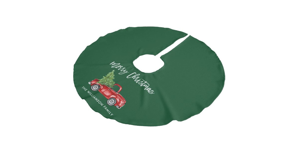 Brush Script Vintage Truck Christmas Green Faux Linen Tree Skirt Zazzle