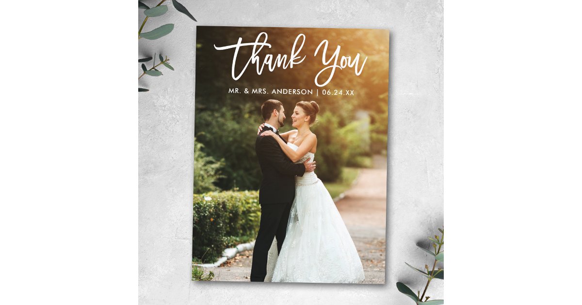 Brush Script Wedding Bride Groom Photo Postcard | Zazzle