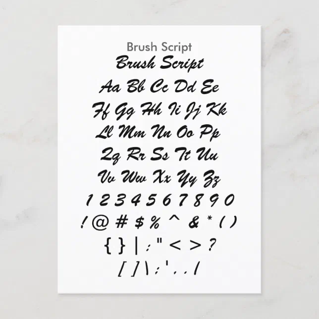 Brush Script - Zazzle Font Sampler Sheet Postcard | Zazzle