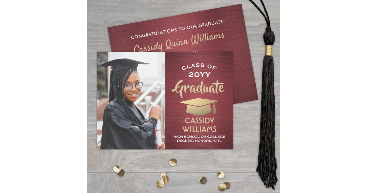 Brushed Burgundy & Gold Graduate Photo Graduation Invitation | Zazzle