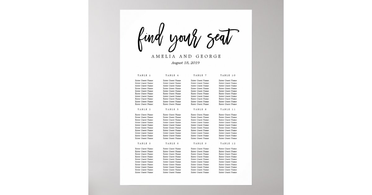 Brushed Calligraphy Seating Chart Poster | Zazzle