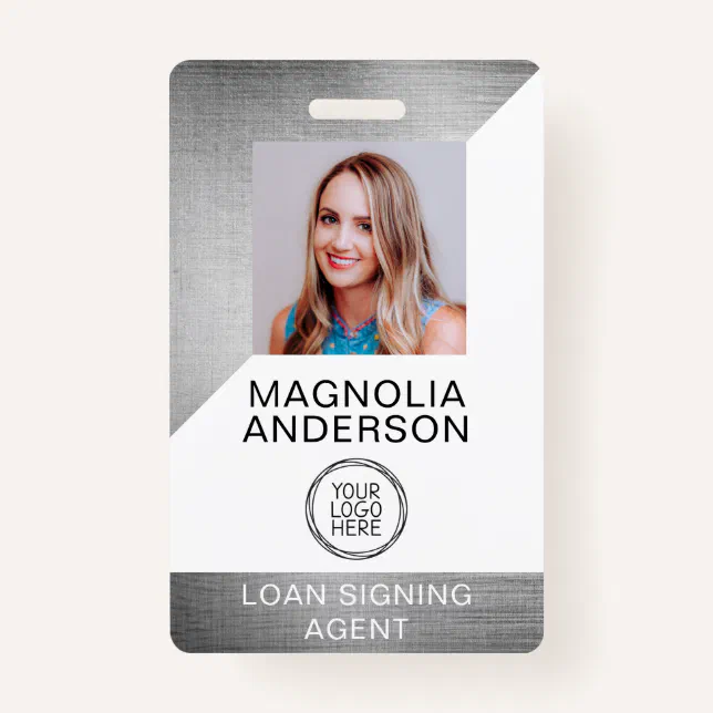 Brushed Metal Employee Photo Logo Barcode Name Bad Badge | Zazzle