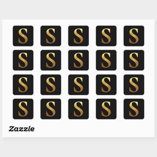 Brushed Metal Gold Monogram S Black Square Sticker | Zazzle