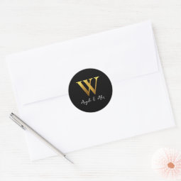 Brushed Metal Gold Wedding Monogram W Black Classic Round Sticker | Zazzle