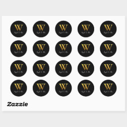 Brushed Metal Gold Wedding Monogram W Black Classic Round Sticker | Zazzle