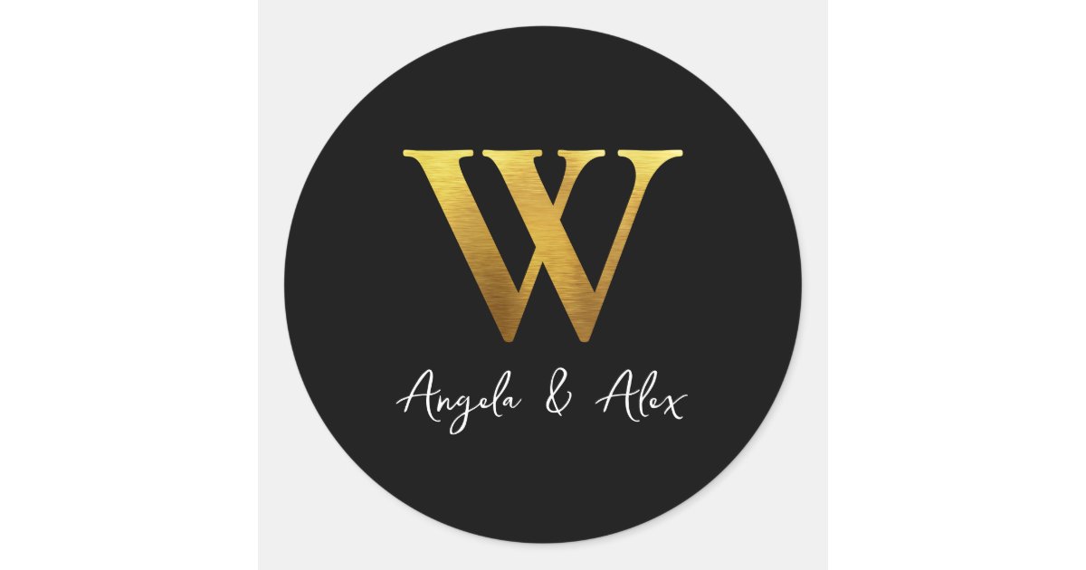 Brushed Metal Gold Wedding Monogram W Black Classic Round Sticker | Zazzle