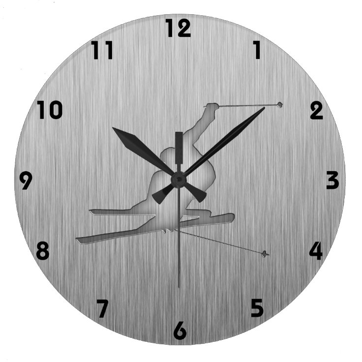 Brushed Metal-look Snow Skiing Large Clock | Zazzle