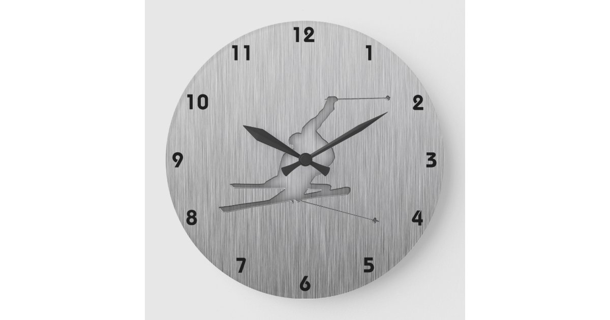 Brushed Metal-look Snow Skiing Large Clock | Zazzle