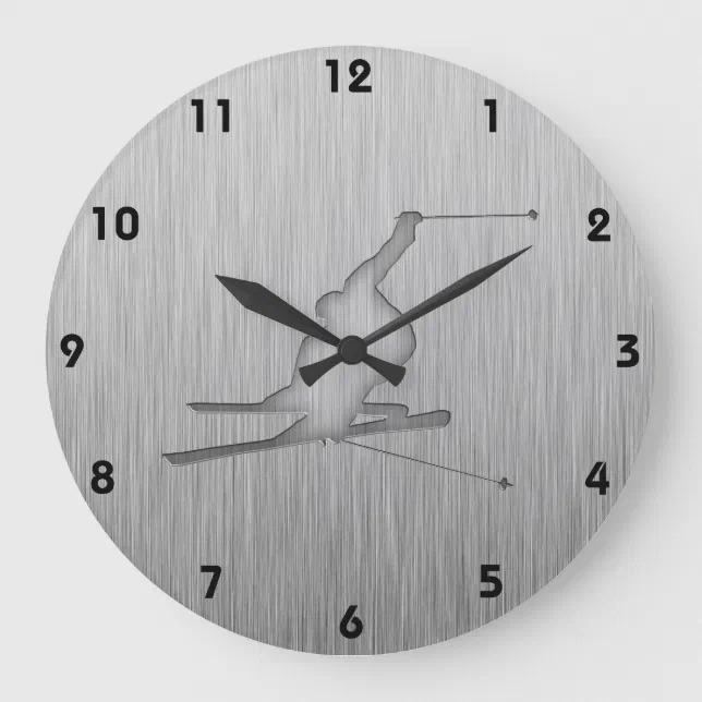Brushed Metal-look Snow Skiing Large Clock | Zazzle