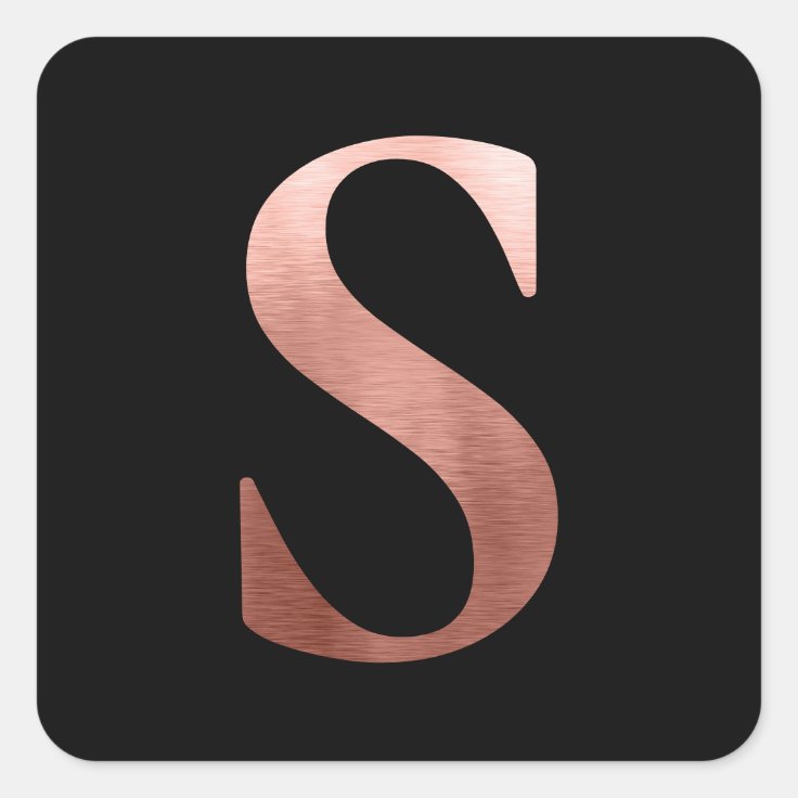 Brushed Metal Rose Gold Monogram S Black Square Sticker | Zazzle