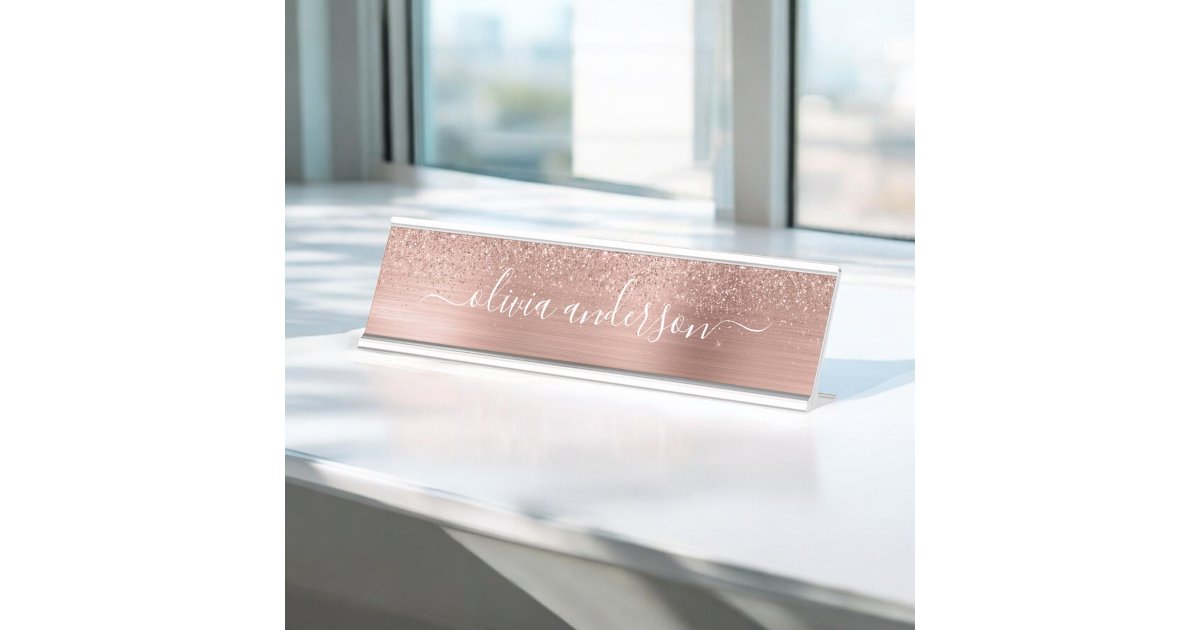 Brushed Metal Rose Gold Pink Glitter Monogram Desk Name Plate | Zazzle