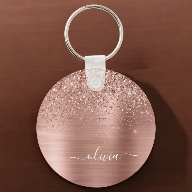 Brushed Metal Rose Gold Pink Glitter Monogram Keychain | Zazzle