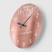 Brushed Metal Rose Gold Pink Glitter Monogram Large Clock | Zazzle