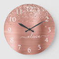 Brushed Metal Rose Gold Pink Glitter Monogram Large Clock | Zazzle