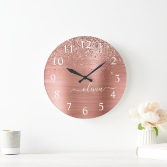 Brushed Metal Rose Gold Pink Glitter Monogram Large Clock | Zazzle