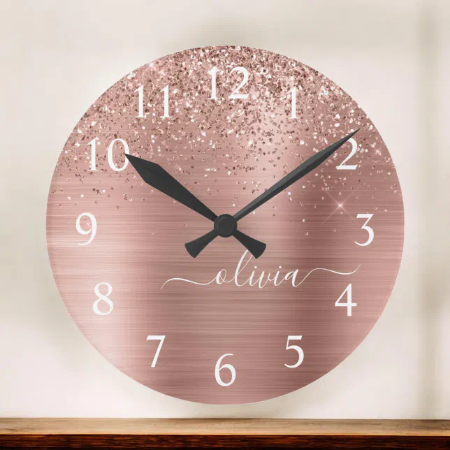 Brushed Metal Rose Gold Pink Glitter Monogram Large Clock | Zazzle