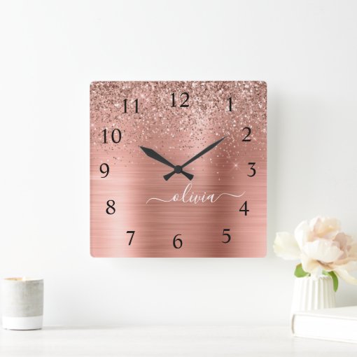 Brushed Metal Rose Gold Pink Glitter Monogram Square Wall Clock | Zazzle