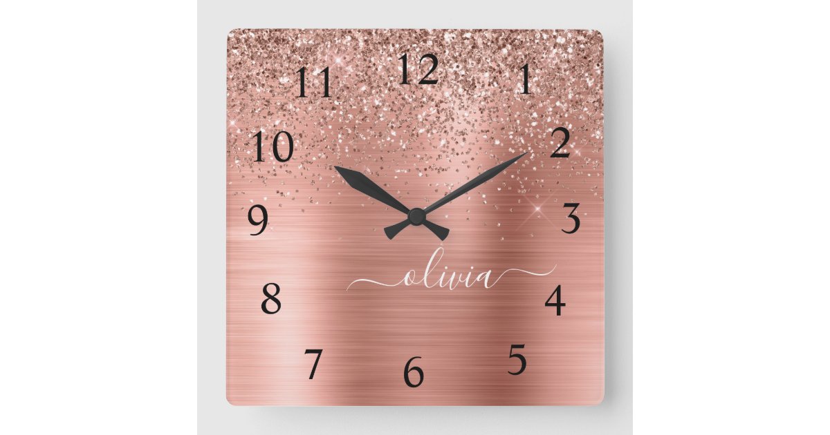 Brushed Metal Rose Gold Pink Glitter Monogram Square Wall Clock | Zazzle