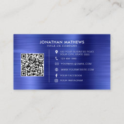 Brushed Metallic Blue Company Logo QR Code Business Card | Zazzle