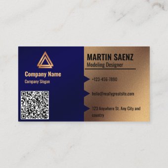 Brushed Metallic Blue Company Logo QR Code Business Card | Zazzle