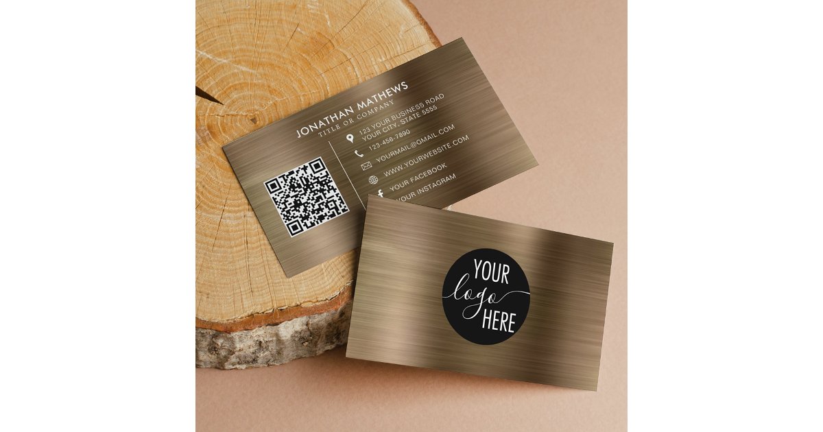 Brushed Metallic Gold Company Logo QR Code Business Card | Zazzle