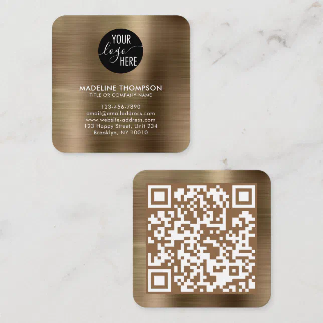 Brushed Metallic Gold Company Logo QR Code Square Business Card | Zazzle